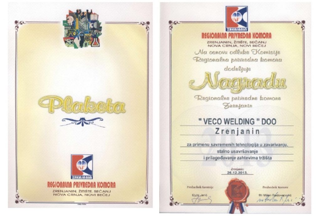 PLAKETA REGIONALNE PRIVREDNE KOMORE ZRENJANIN – VECO Welding PLAKETA REGIONALNE PRIVREDNE KOMORE ZRENJANIN – VECO Welding